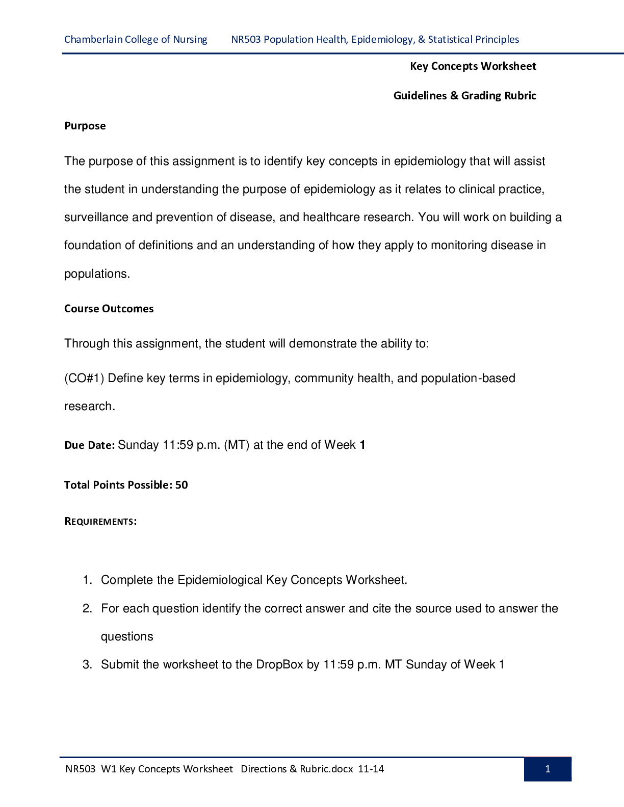 NR 503 Population Health, Epidemiology & Statistical Principles Week 1 Key Concepts Worksheet 2 ...